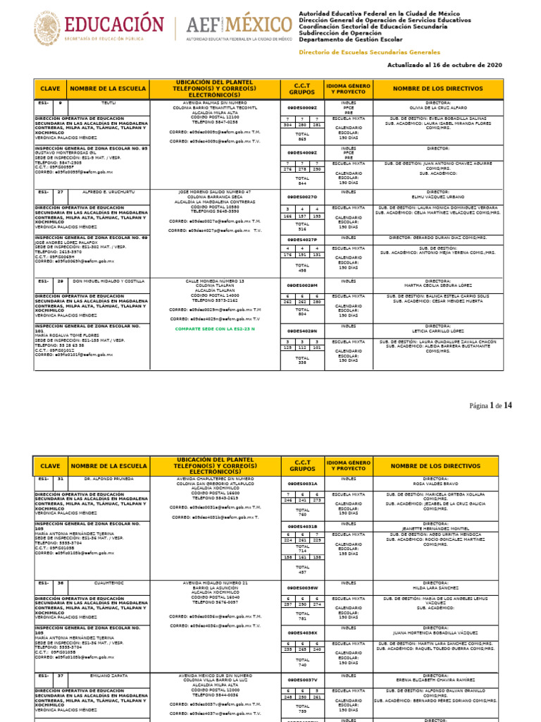 Directorio Escuelas Secundarias Generales Al 16-Octubre-2020 | PDF