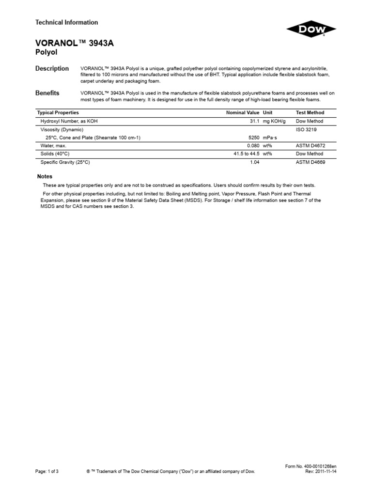 400-00101268en-Voranol-3943a-Polyol-Tds 4 | PDF | Polyurethane