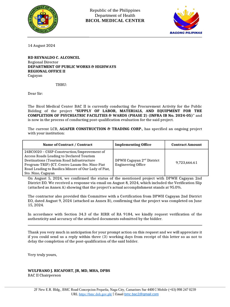 Verification Letter DPWH ROII | PDF