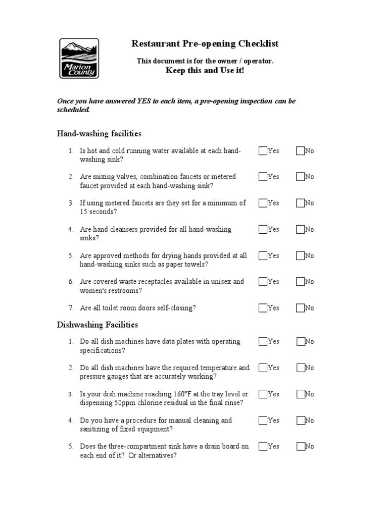 Restaurant Pre-opening Checklist | PDF