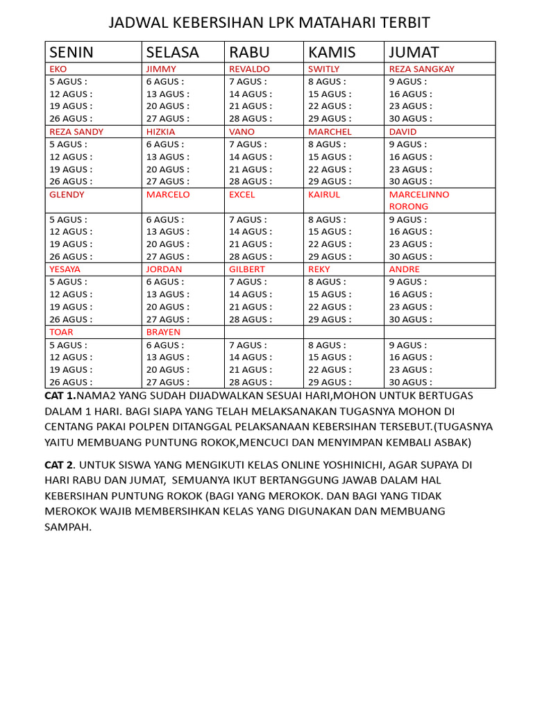 Jadwal Kebersihan Yang Merokok (Juni) | PDF
