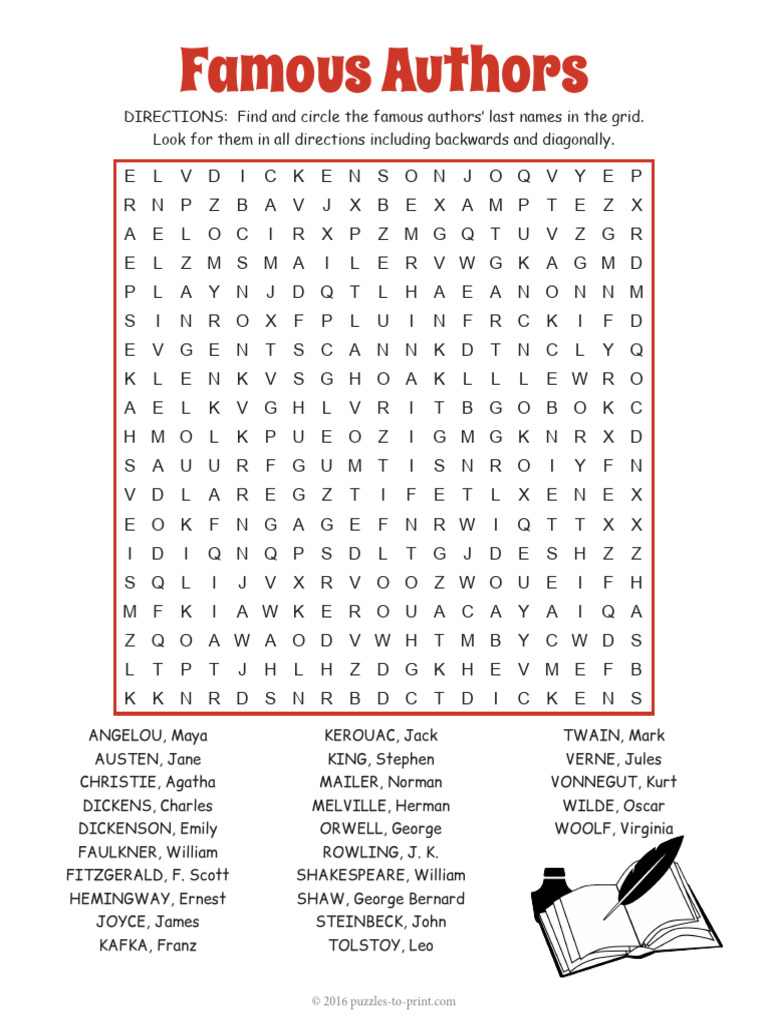 Famous Authors Word Search | PDF | Word Puzzles | Puzzles