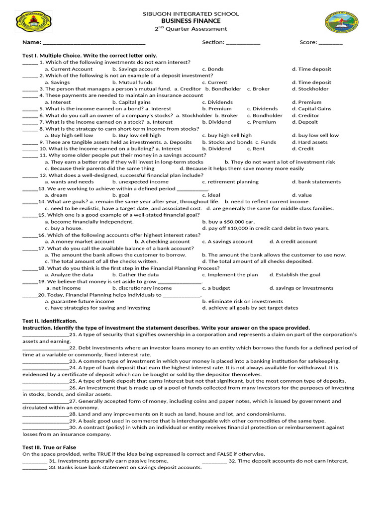 Business Finance 2nd Quarter Exam | PDF | Investing | Interest