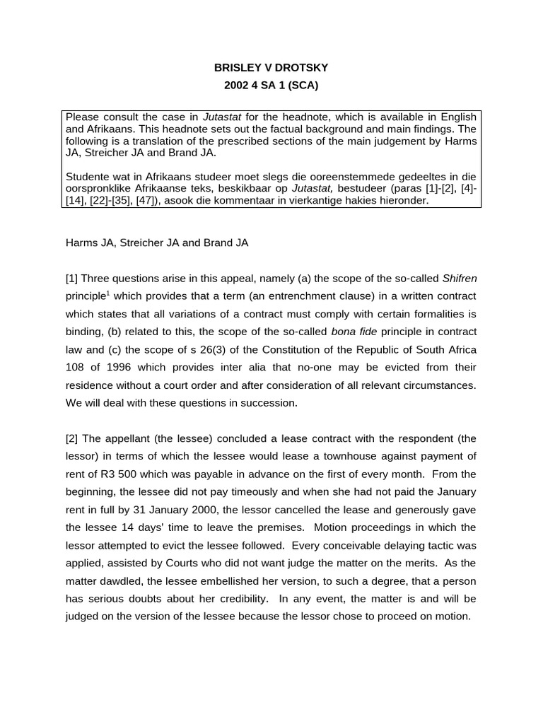 Brisley v Drotsky Case Overview | PDF | Lease | Judgment (Law)