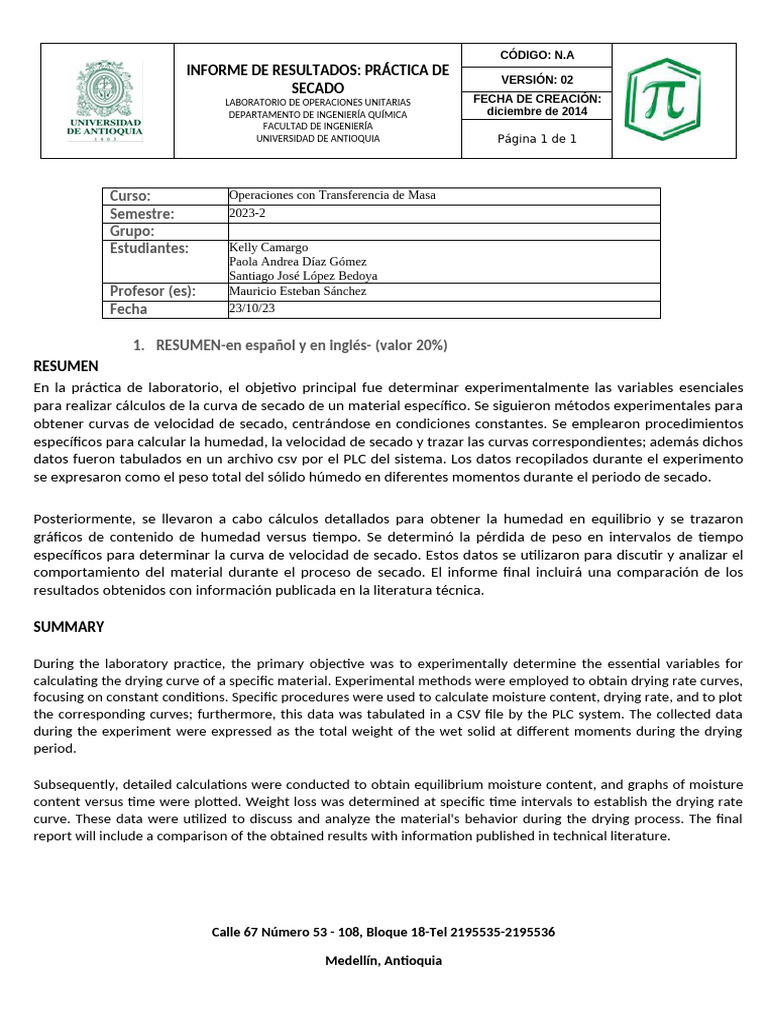 Lab 8-Práctica de Secado-Forma | PDF | Humedad | Velocidad