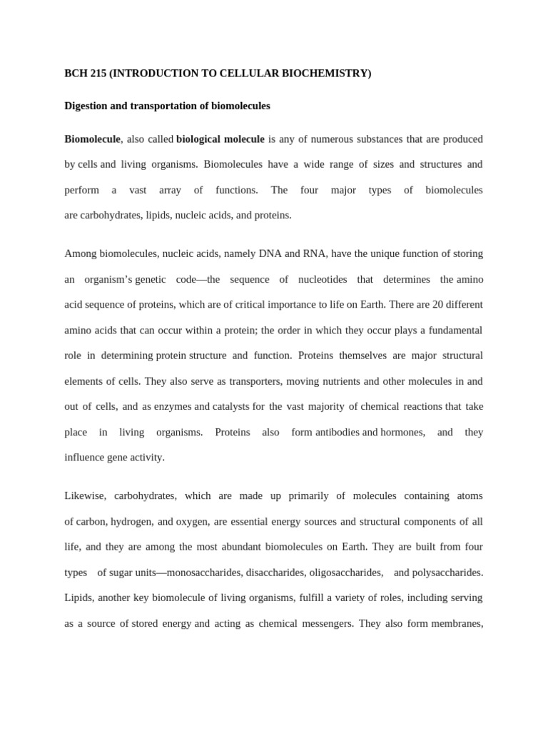 Bch 215 2021session Pdf Biomolecules Digestion