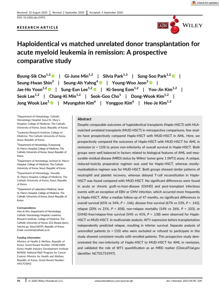 American J Hematol - 2020 - Cho - Haploidentical Vs Matched Unrelated ...