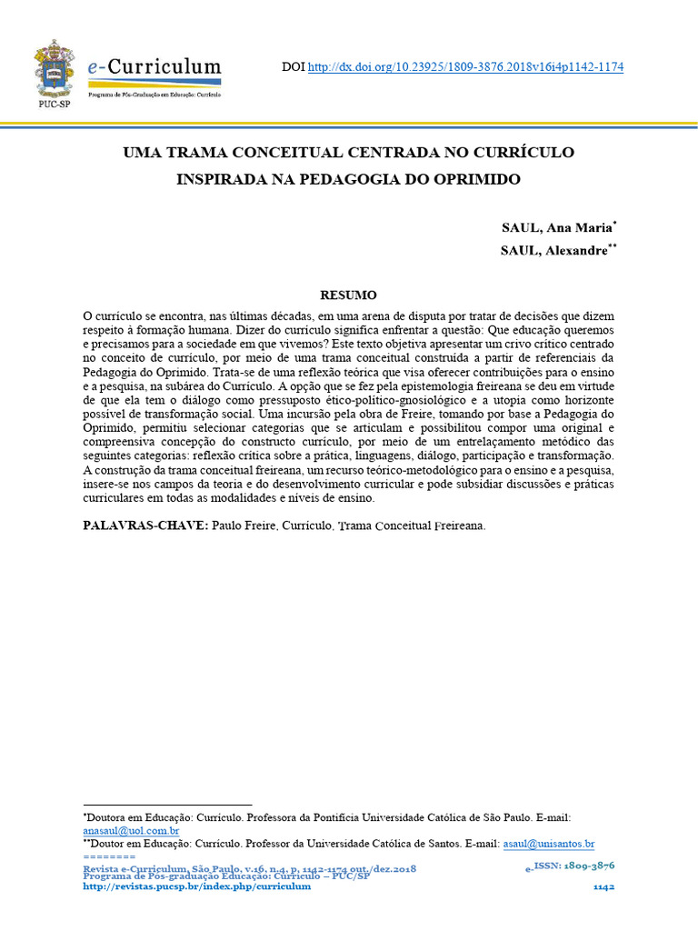 currículo e Paulo Freire_Ana Maria Saul | PDF | Pedagogia | Pensamento