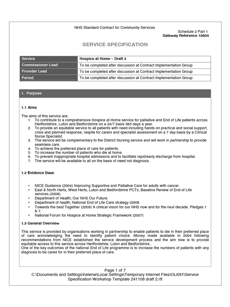 Hospice at Home Service Specification | PDF | End Of Life Care ...