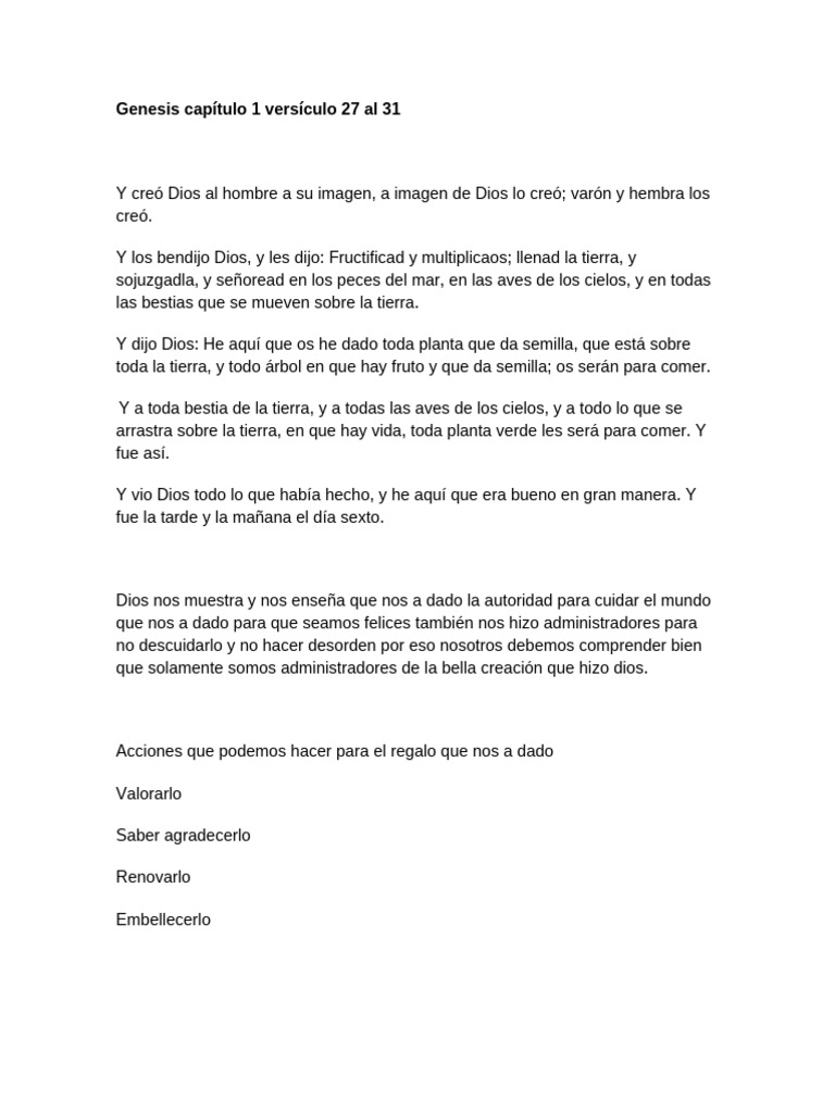 Genesis Capítulo 1 Versículo 27 Al 31 | PDF | Dios | Creencia religiosa y doctrina