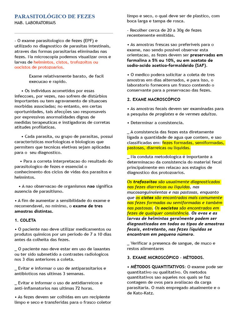 Exame Parasitológico de Fezes: Guia Completo | PDF | Especialidades médicas