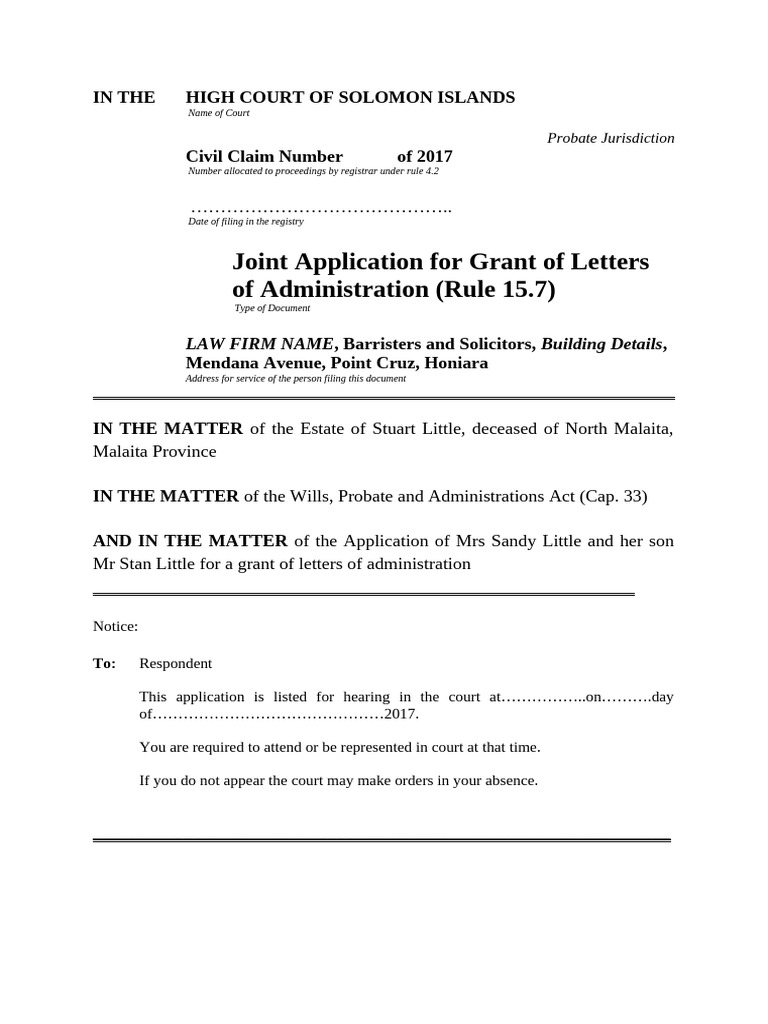 Sample Joint Application For Letters of Administration | PDF | Probate ...