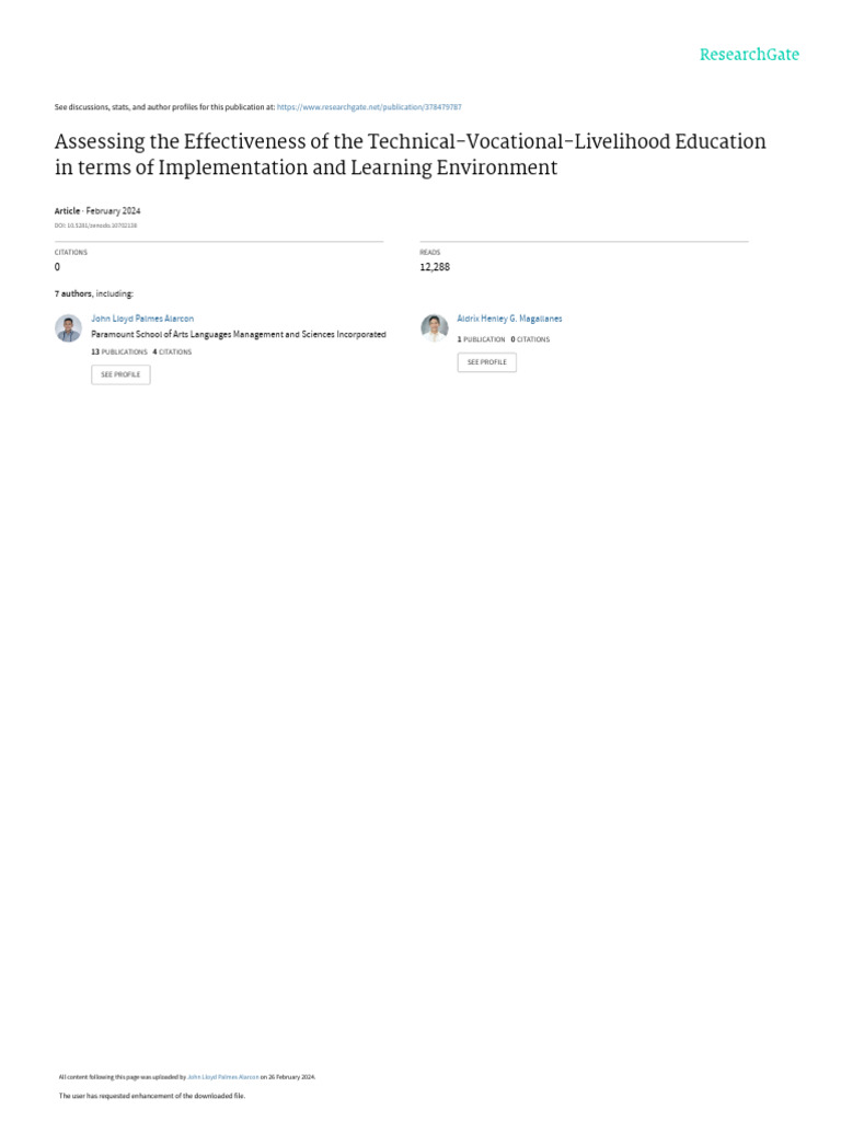 Assessing The Effectiveness of The Technical-Vocational-Livelihood Education in Terms of ...