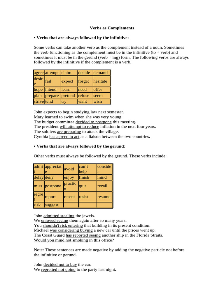 Verbs As Complements | PDF | Verb | Preposition And Postposition