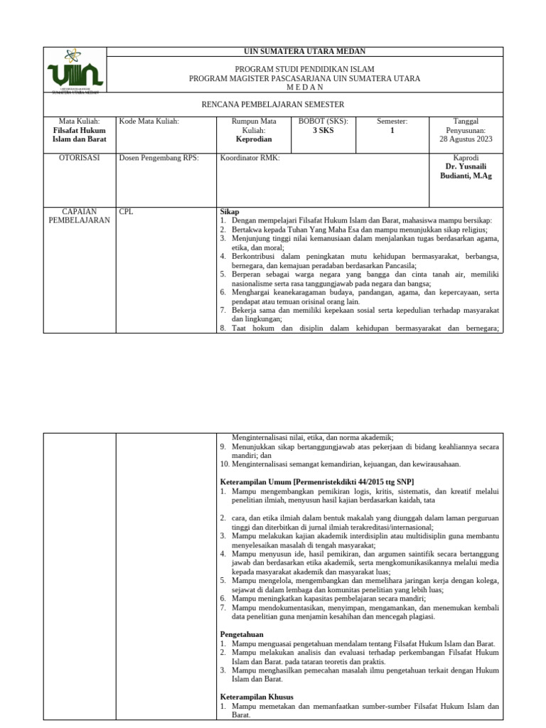 Rps Filsafat Hukum Islam Dan Barat 1 | PDF