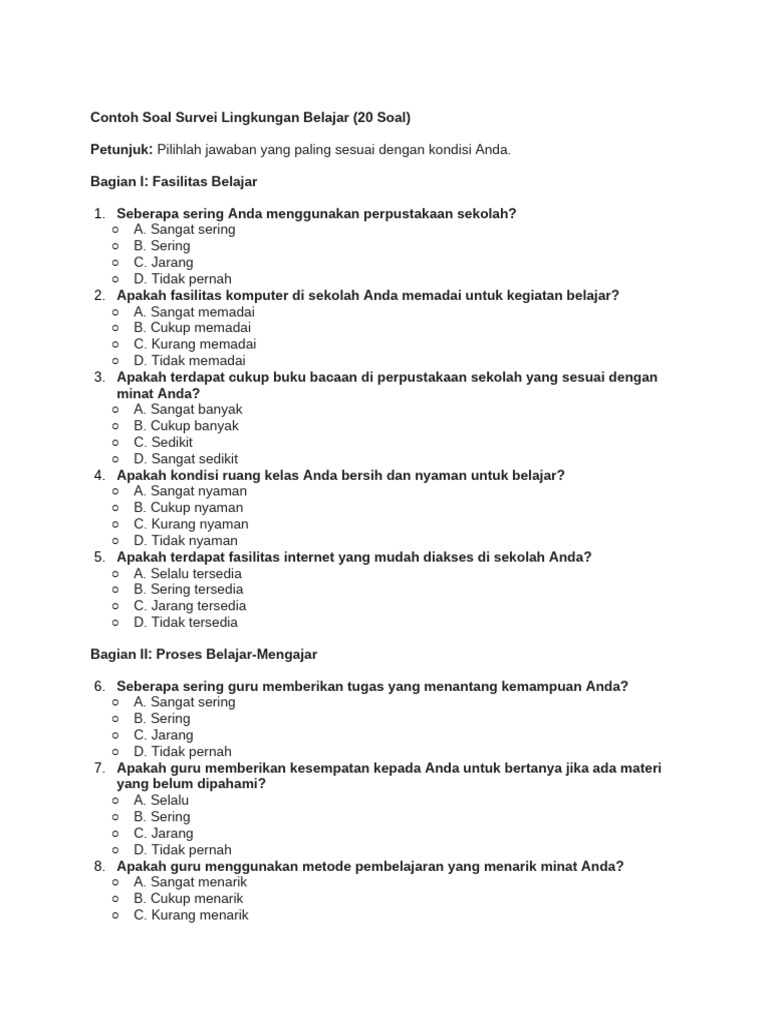 20 Soal Survei Lingkungan Belajar | PDF