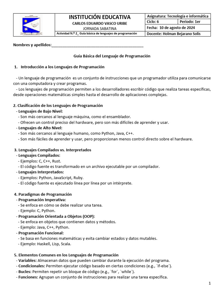 ACTIVIDAD Nº2 - Guia Básica de Lenguajes de Programacion | PDF | Lenguaje de programación ...