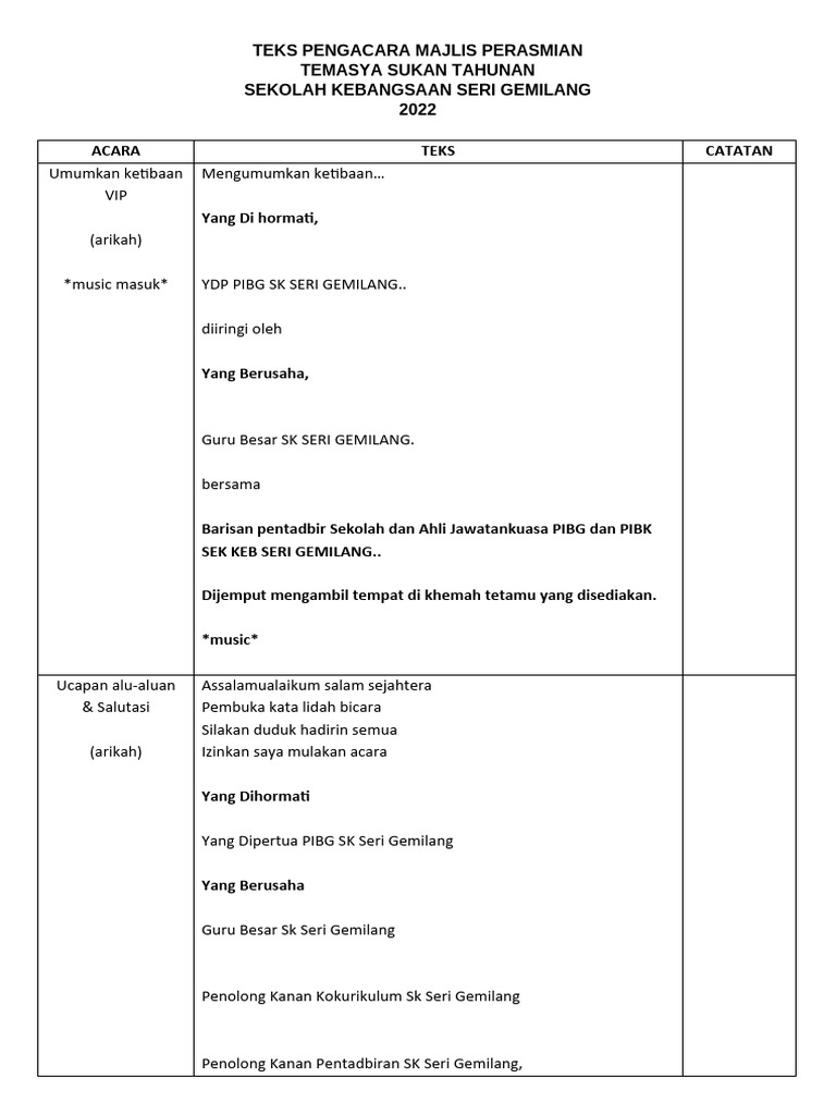 Teks Emcee Sukan SKSG 2022 | PDF