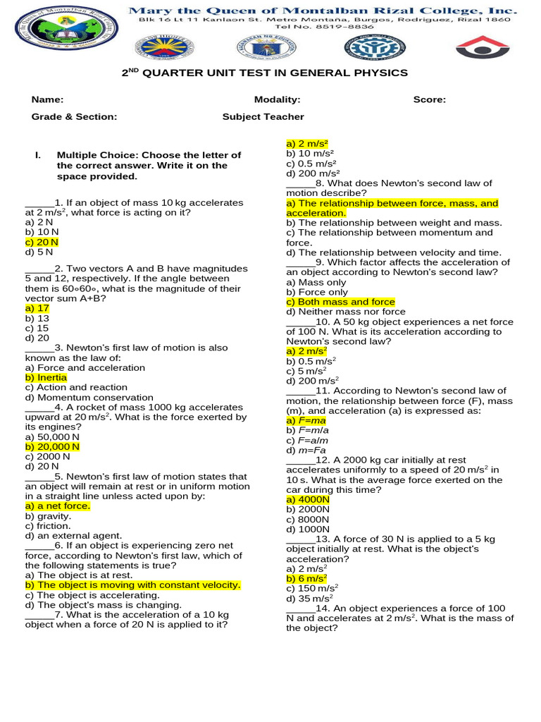 Answer Key-Q2 Exam in Phy | PDF | Force | Newton's Laws Of Motion