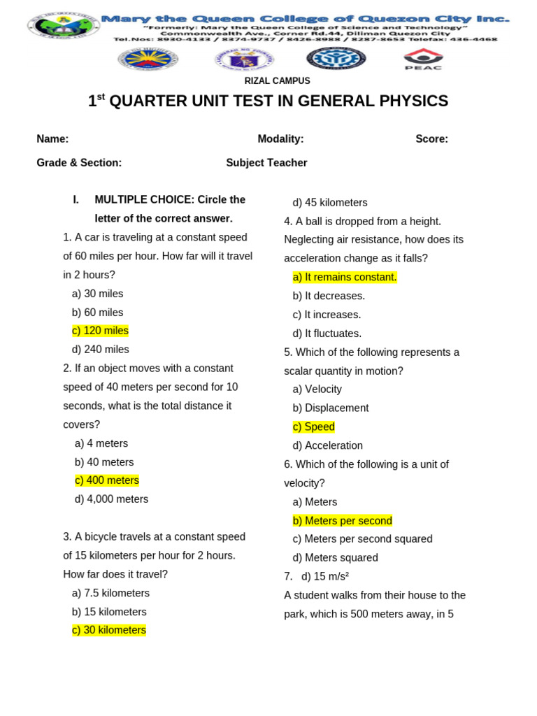 ANSWER KEY-Quarter Exam Physics | PDF | Acceleration | Velocity