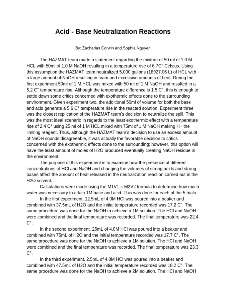 Acid - Base Neutralization Reactions | PDF | Analytical Chemistry ...