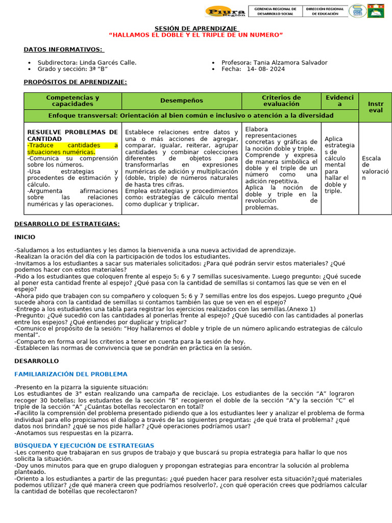 Sesión 14-08-Mat-Doble y Triple | PDF | Aprendizaje | Evaluación