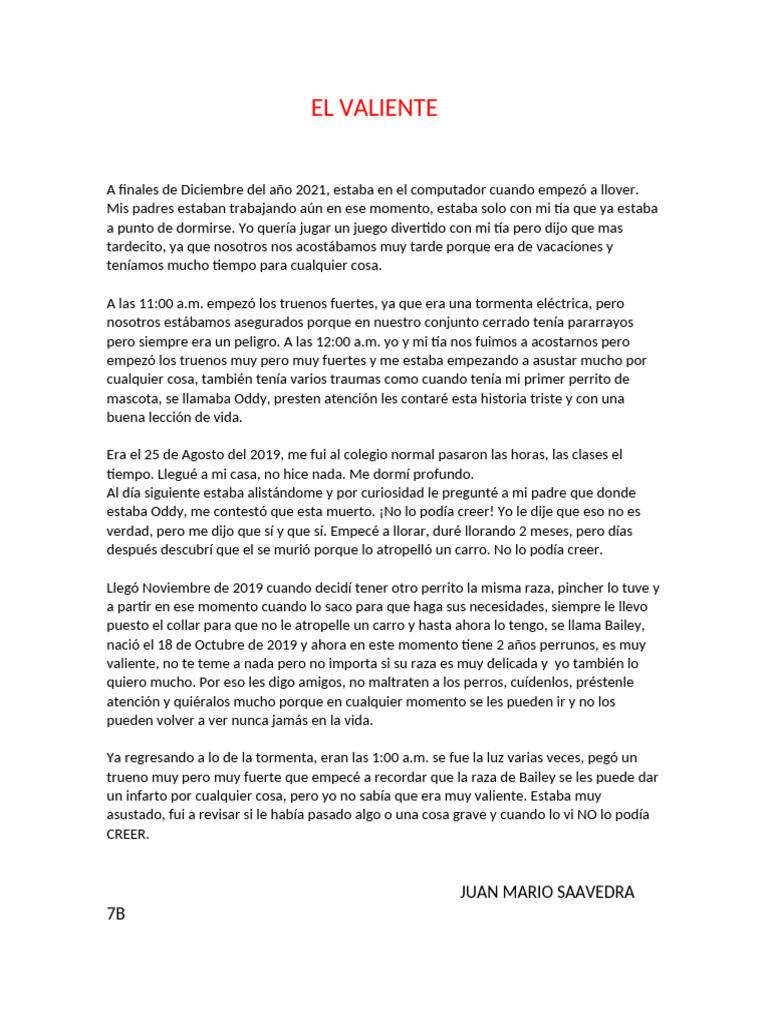 EL VALIENTE Juan Mario Cuento | PDF