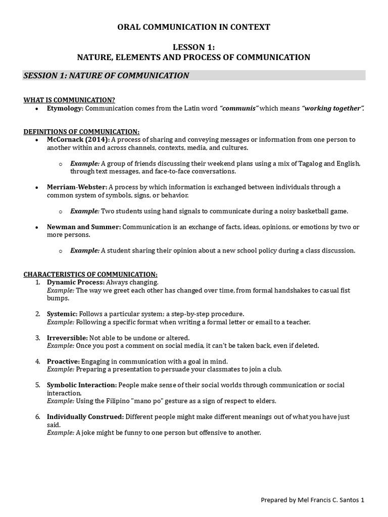 Oral Com Lesson 1 and 2 Communication Elements Process and Models | PDF ...