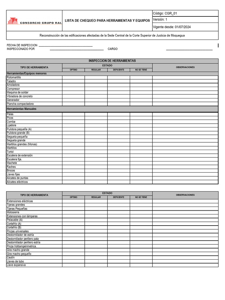 Formato Lista de Chequeo para Herramientas y Equipos | PDF | Equipo | Bienes manufacturados