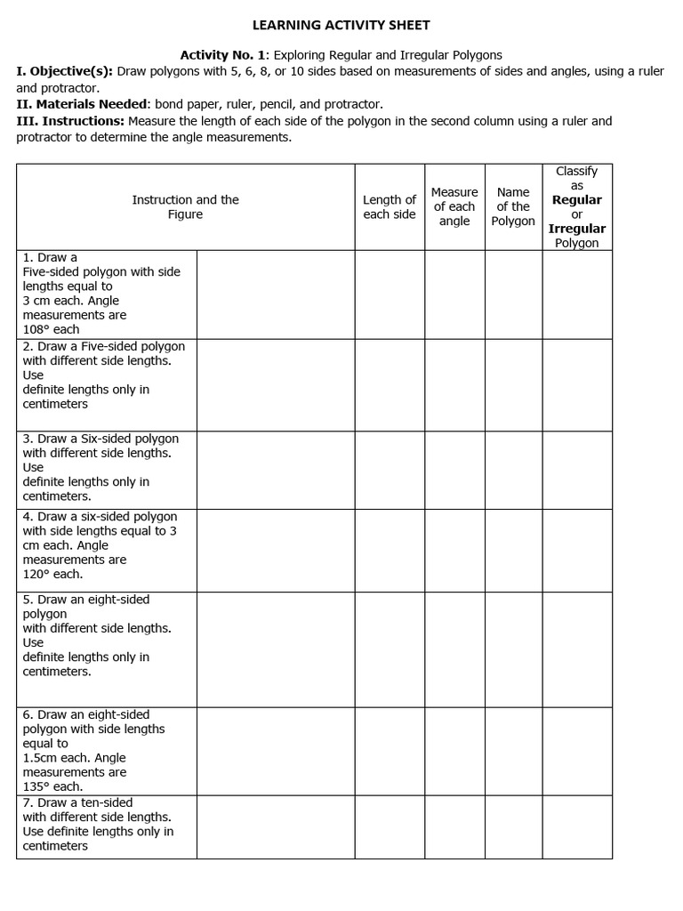 Learning Activity Sheet 1 | PDF | Angle | Polygon