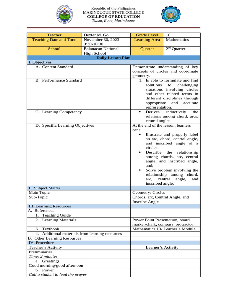 G10 - Q2 - Arc, Central Angles, and Inscribe Angles | PDF | Circle | Angle
