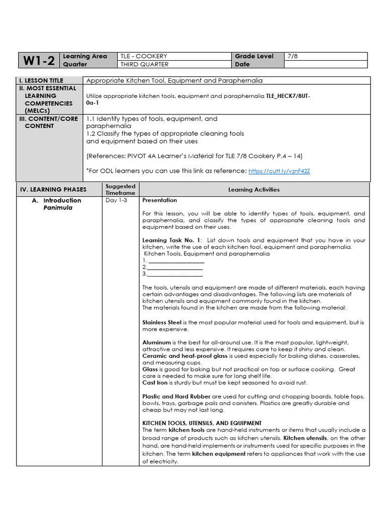 TLE Cookery7 8 Week1 2 PDF | PDF | Kitchen Utensil | Kitchen