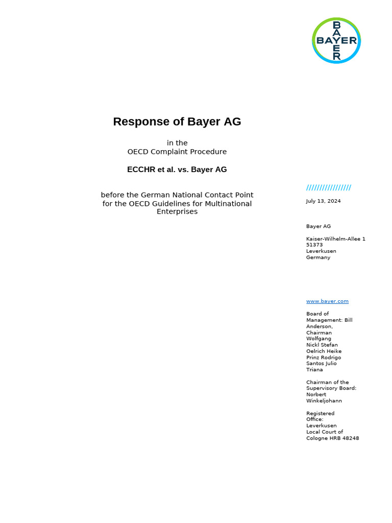 Response of Bayer AG in The OECD Complaint Procedure | PDF | Agriculture | Food Security