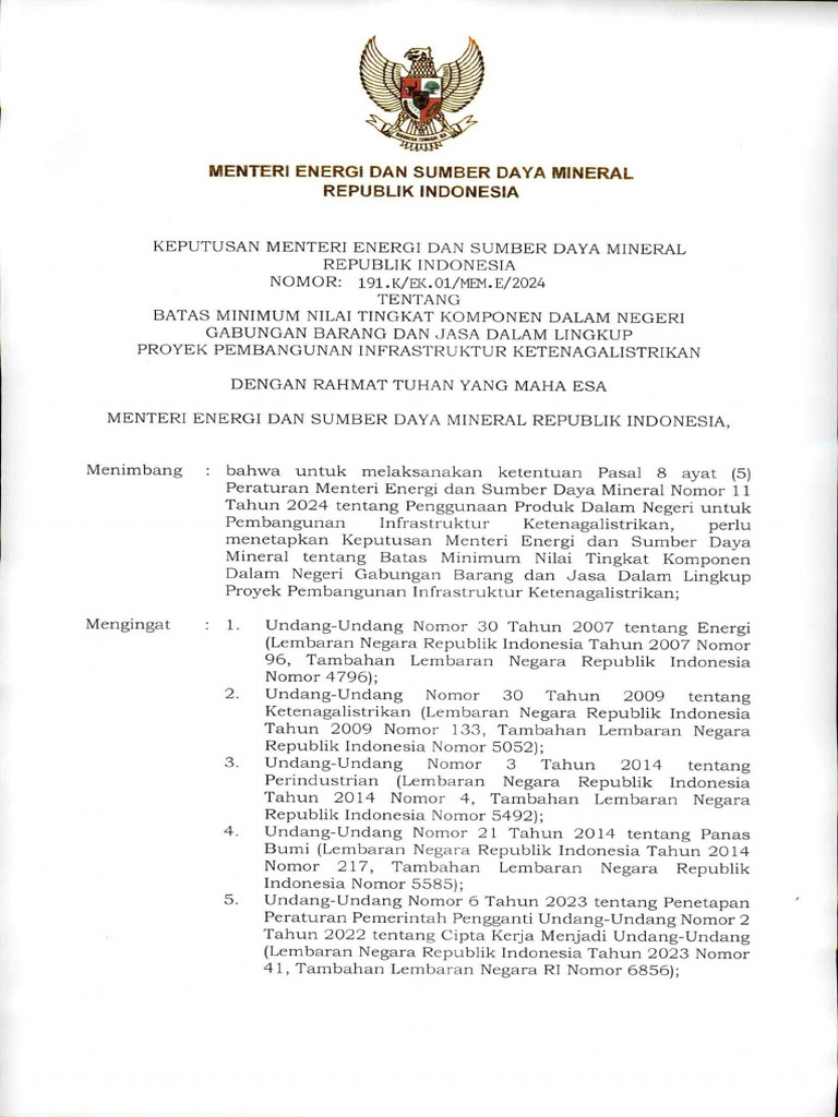 Kepmen ESDM No. 191.K.EK.01.MEM.E.2024 - Salinan Sesuai Dengan Aslinya | PDF