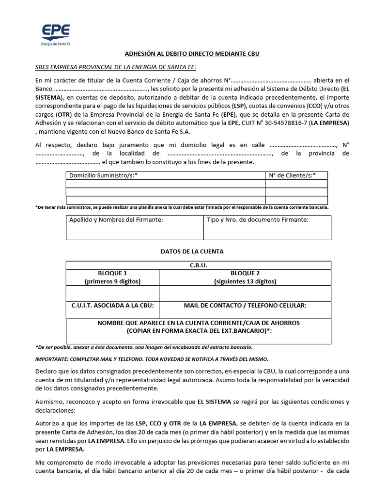 Epe Adhesion Al Debito Directo Mediante Cbu | PDF | Tarjeta de débito ...
