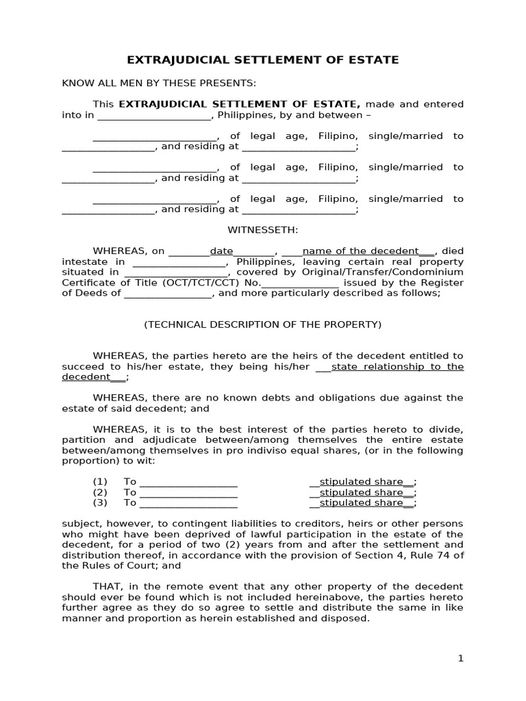Extrajudicial Settlement of Estate | PDF | Estate (Law) | Deed