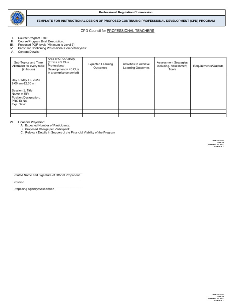 CPDD-PTR-O2-Instructional Design Template - For Professional Teachers | PDF | Learning ...