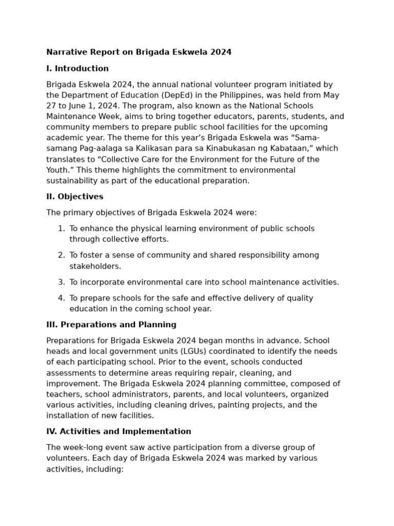 Narrative Report On Brigada Eskwela 2024 | PDF | Volunteering | Community