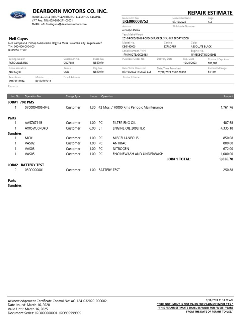 PreRepairOrder 7192024 111422 | PDF | Car Dealership