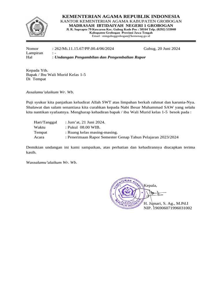 Undangan Penerimaan Rapor 2023-2024 | PDF