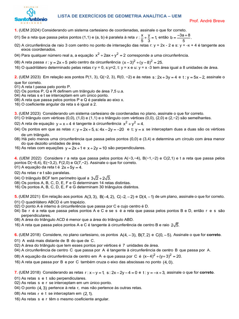 Lista de G.A. - Uem - Csa 2024 | PDF | Círculo | Linha (Geometria)