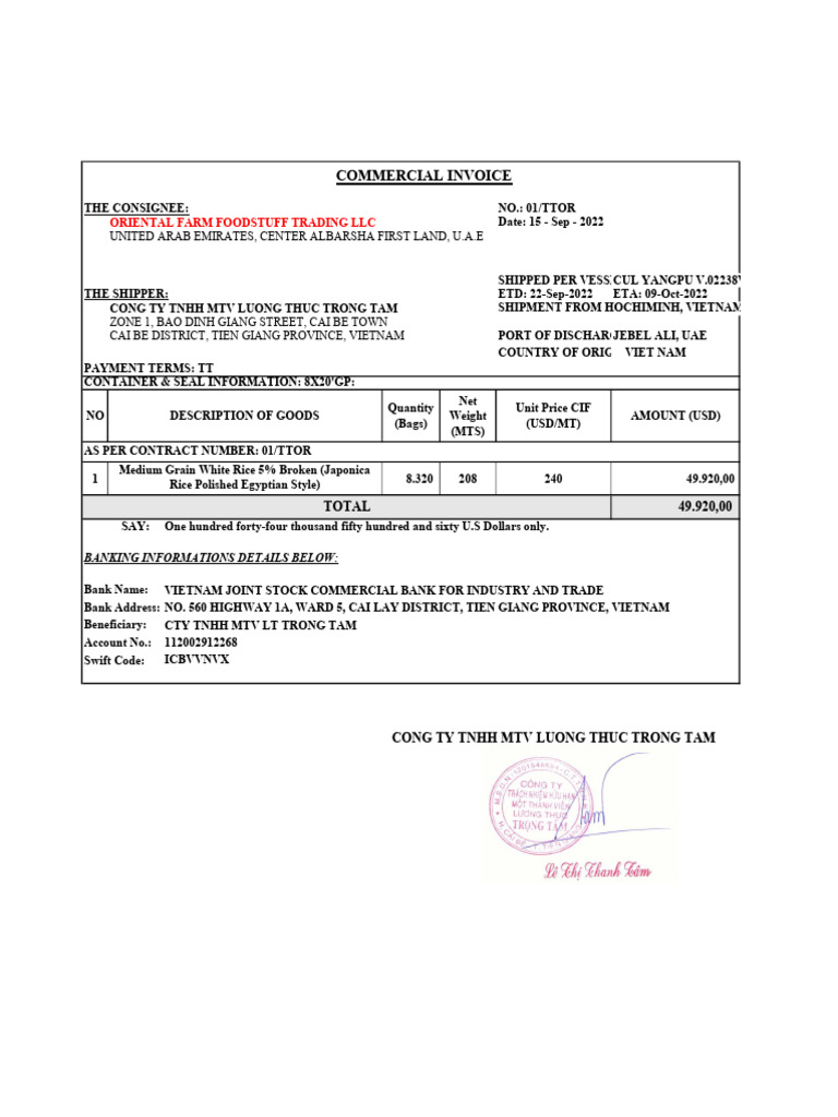 Commercial Invoice: Oriental Farm Foodstuff Trading LLC | PDF