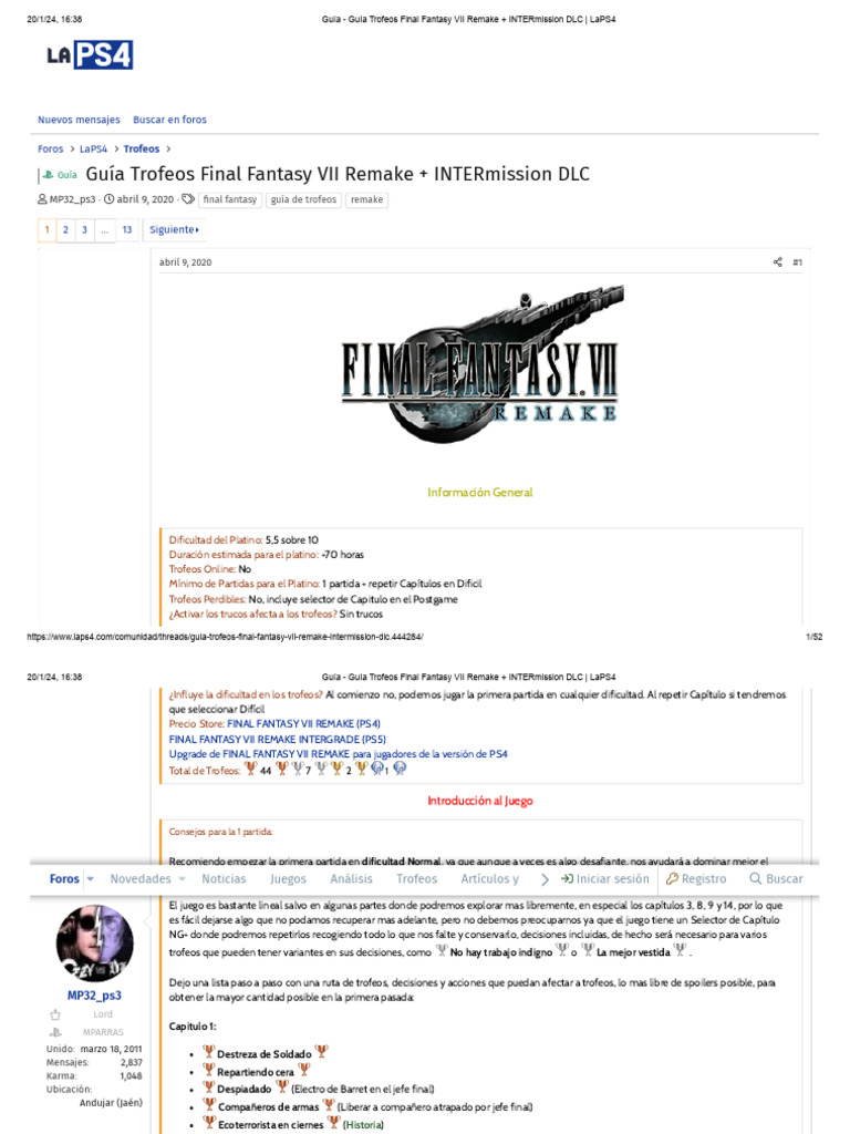 Guía - Guía Trofeos Final Fantasy VII Remake + INTERmission DLC - LaPS4 | PDF