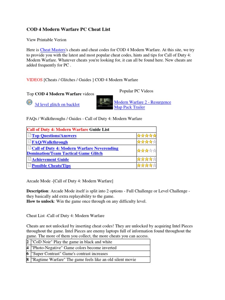 COD 4 Modern Warfare PC Cheat List | PDF | Cheating In Video Games ...