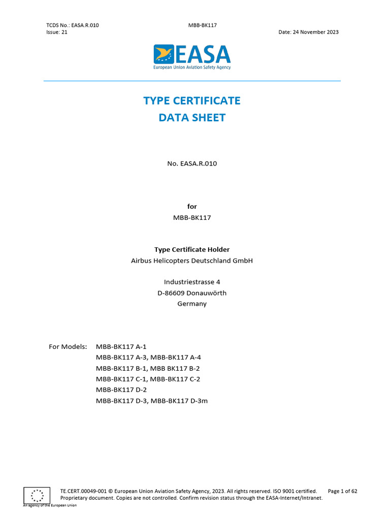 Tcds Easa r010 Ahd Bk117 Issue 21 | PDF | Turbine | Aviation