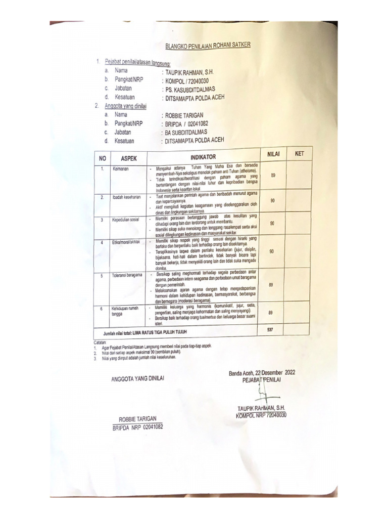Blangko Penilaian Rohani Satker | PDF