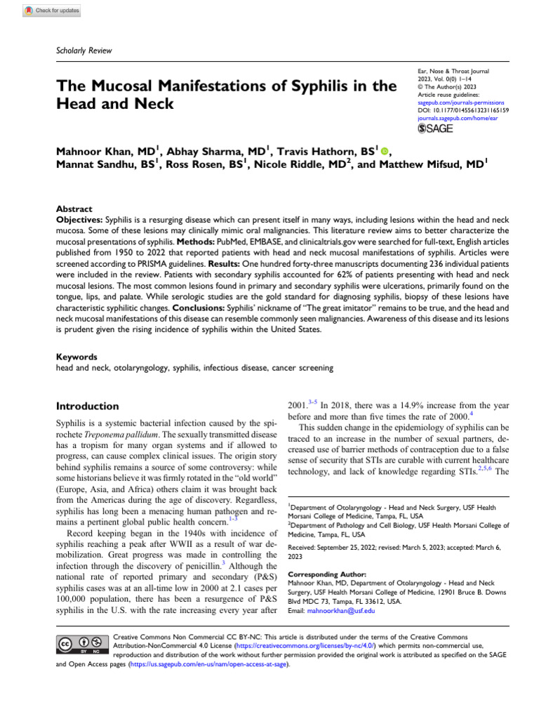 Mucosal Syphilis in Head and Neck | PDF | Sexually Transmitted ...
