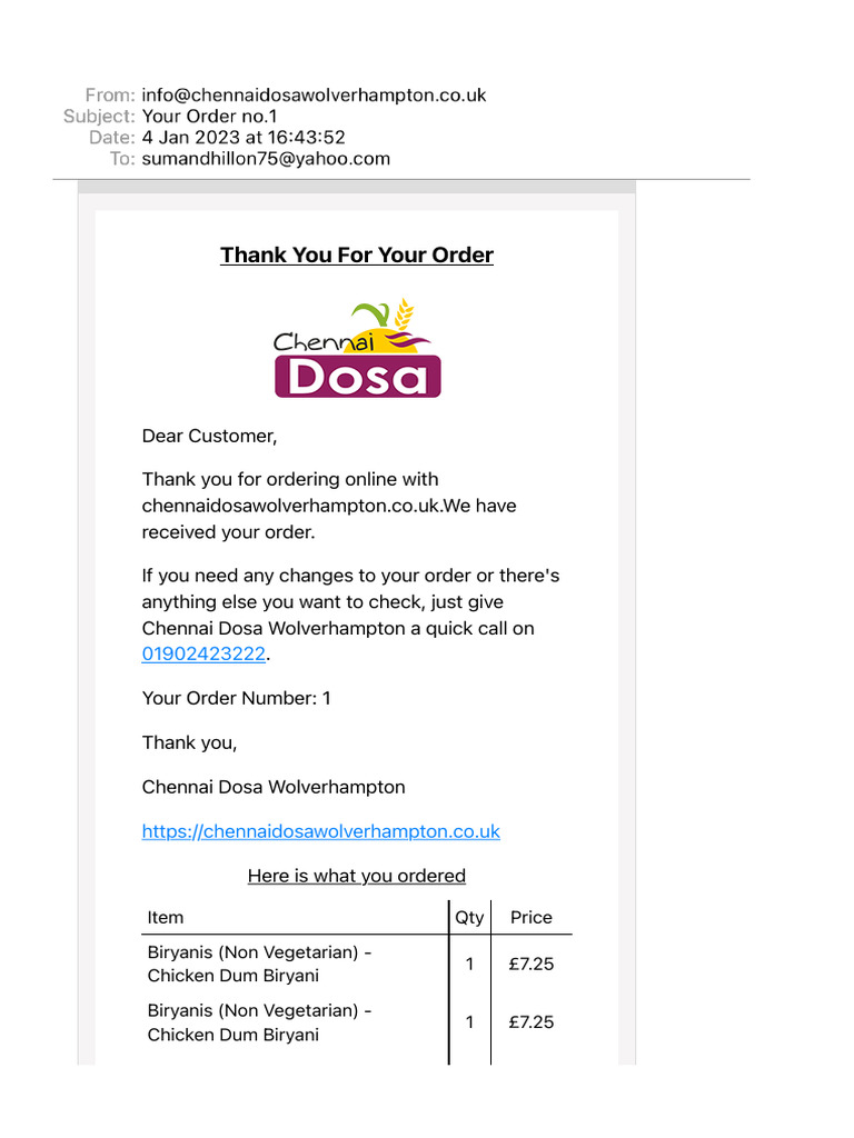 Order Confirmation - Chennai Dosa | PDF