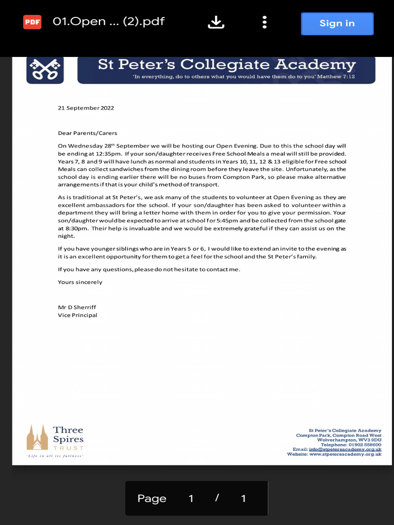 01.Open Evening Letter to Parents (1) (2).PDF - Google Drive | PDF
