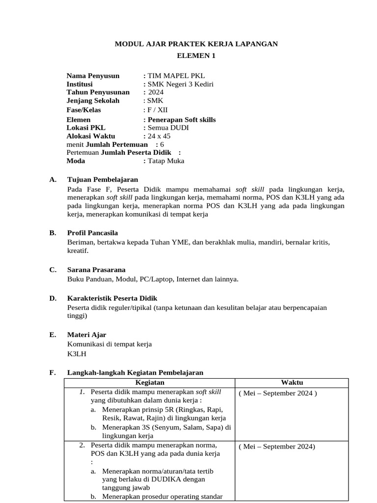 Modul Ajar PKL Elemen 1 | PDF